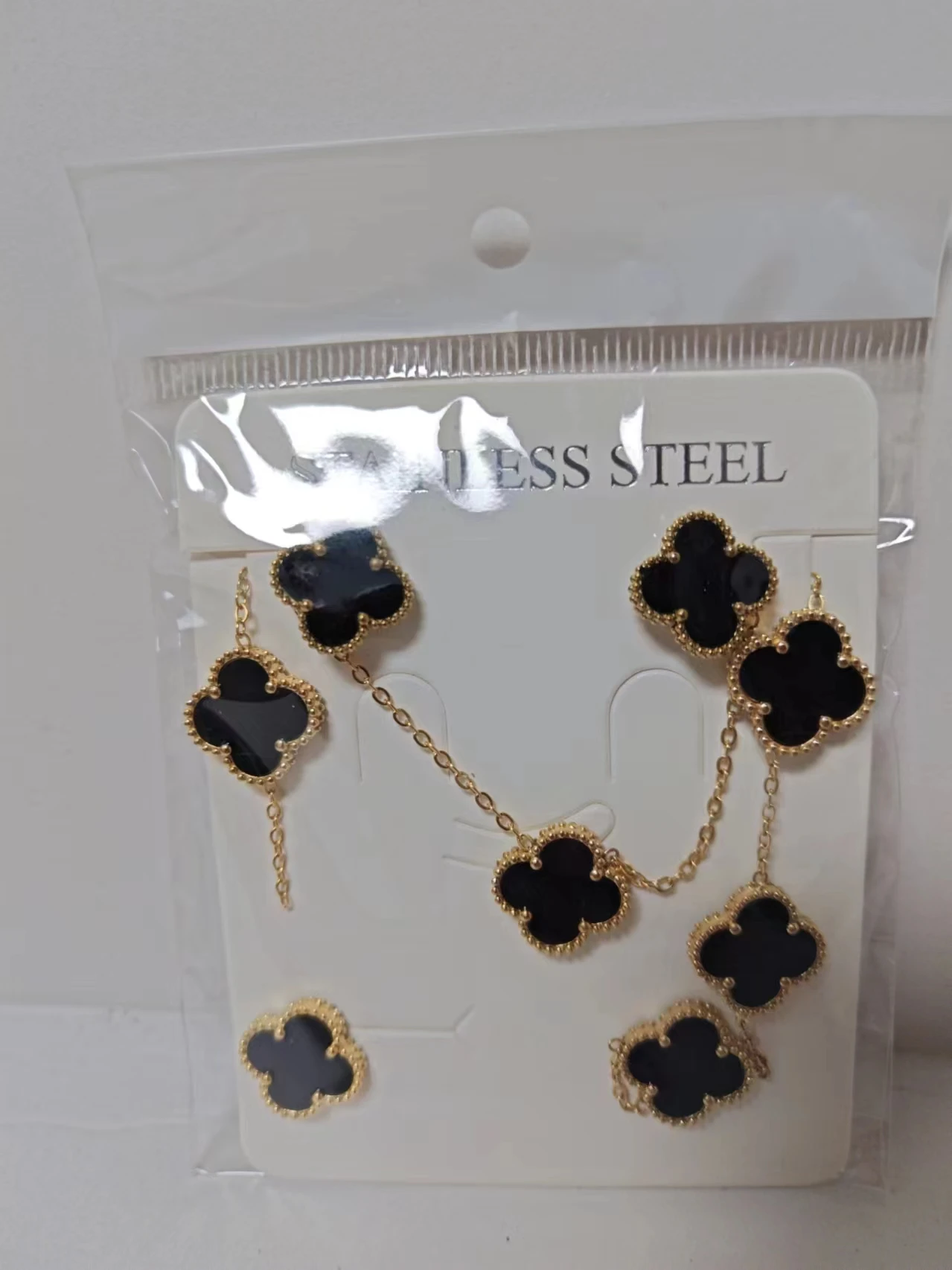 15mm Lucky Four Leaf Clover Jewelry Set 18k Gold Plated Stainless Steel ...