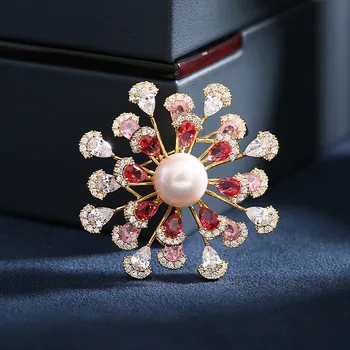 Roche Oem Broche Big Crystal Pearl Flower Copper Zircon Brooch - Buy ...