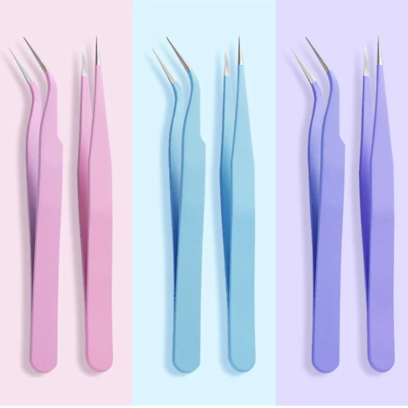 Stainless Steel Colored Straight + Curved Tweezers for Nail Art Sticker ...