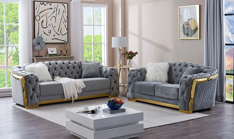Modern Velvet Fabric Sweet Sofa Set with Gold Stainless Steel for ...