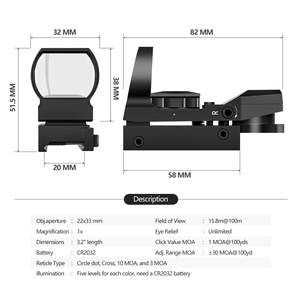 HD101 1X22X33 Aluminum Alloy Tactical Optics Reflex Sight Holographic ...