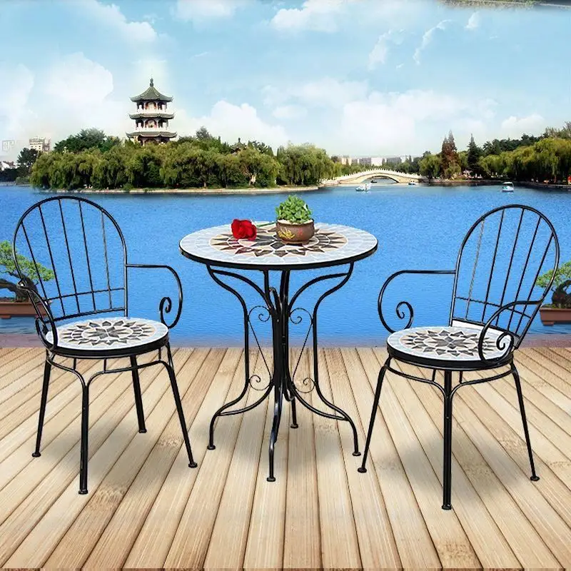 Balcony Outdoor Furniture Wrought Iron Mosaic Table And Chair Three Piece Coffee Table And Chair Set