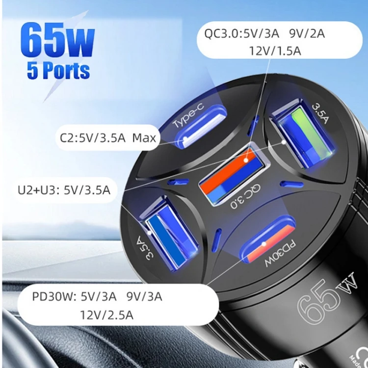 TE-P50 65W PD30W Type-C X 2 + USB X 3 Multi Port Car Charger