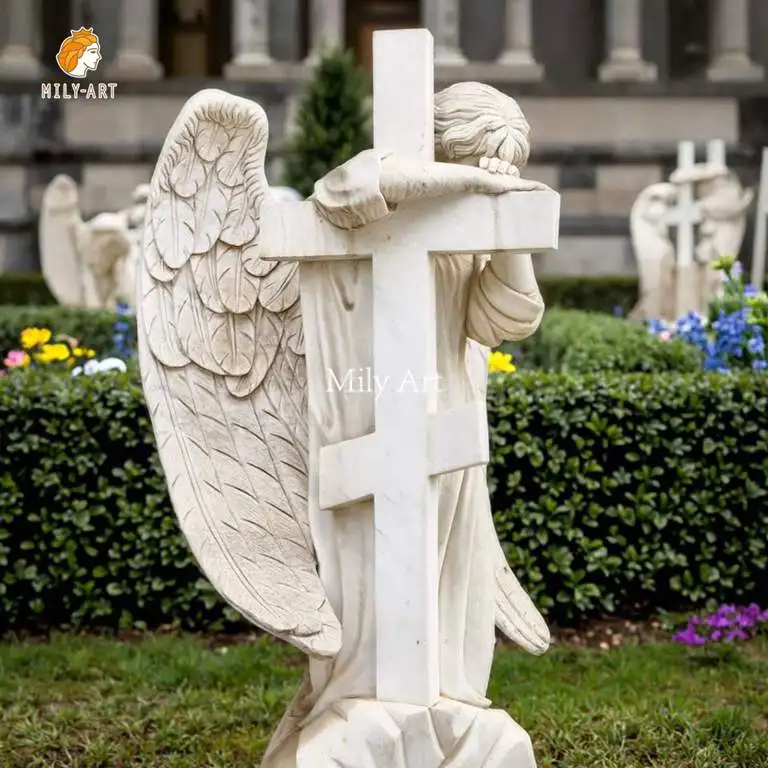 Custom Design White Marble Crying Angel Statue for Outdoor Cemetery ...