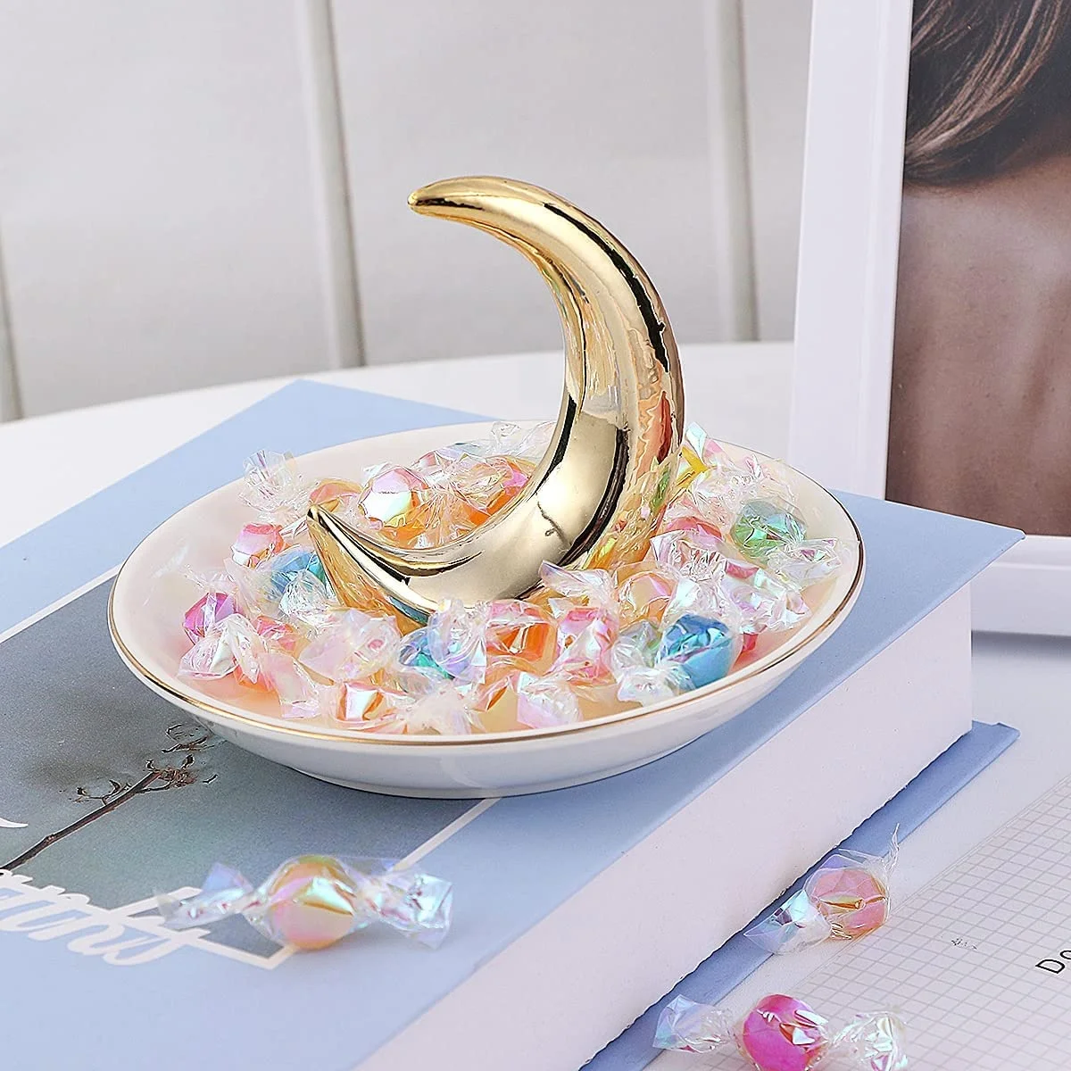 Celestial Ceramic Trinket Dishes - Moon Shaped Jewelry Holders