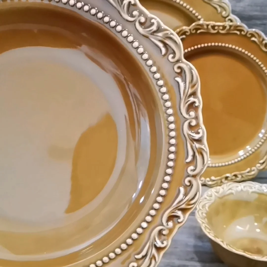 European Retro Ceramic Plate Dining Dish Set Fancy Embossed Brown ...