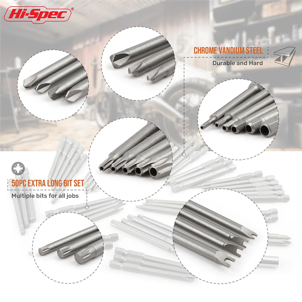 50pc 75mm Long Hex & Torx Screwdriver Bit Set - Hi-Spec Tools