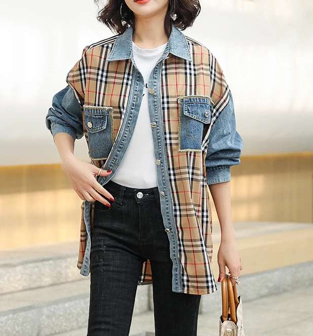 Trendy Custom Jean Ladies New Loose Patchwork Plaid Denim Shirt Women's ...