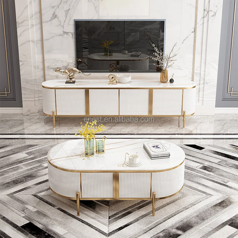 Top TV Stand and Coffee Table Set Golden Decoration Marble with ...