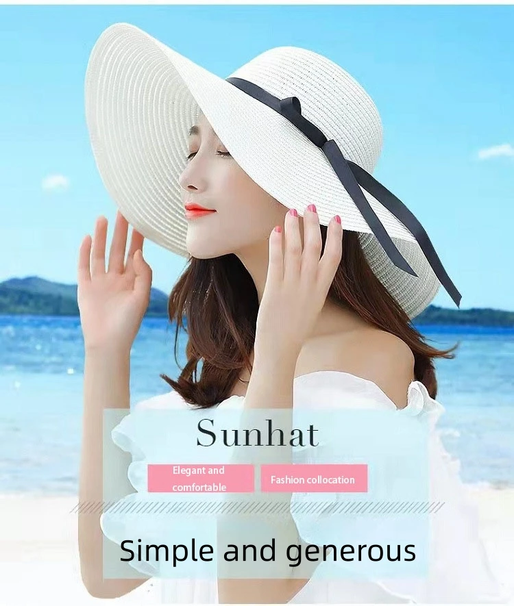 Wide Brim Straw Hat Sun Protection Foldable Big Brim Bow Sun Beach Hat ...