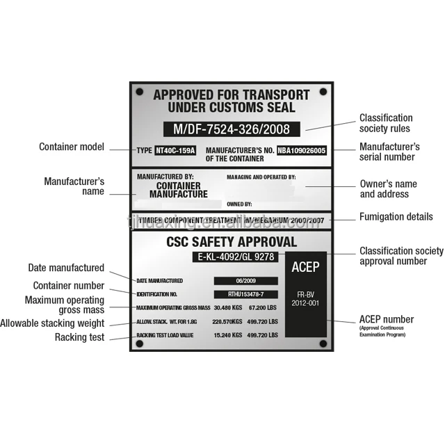 Stainless Steel ISO Shipping Container CSC Plate - HUAXING