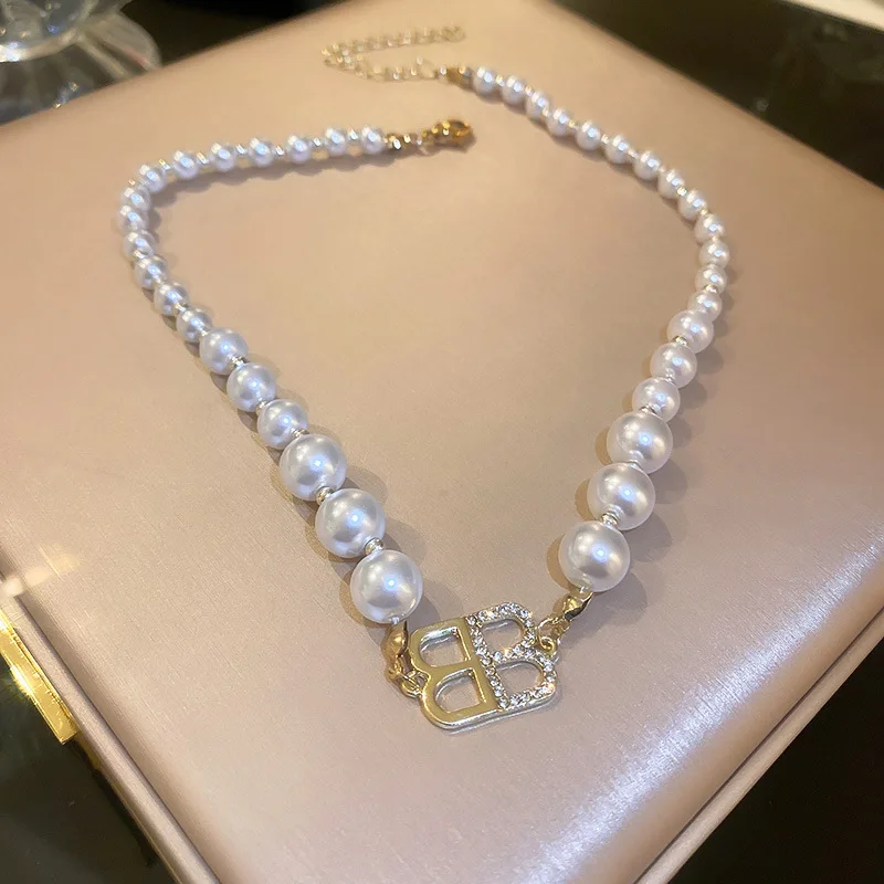 Fashion Pearl Necklace With Letter Fake Diamond Necklace For Women ...