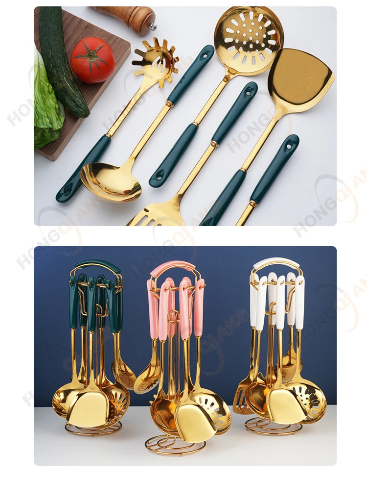 Luxurious 7pcs Stainless Steel Gilded Home Kitchen Ceramic Handle ...