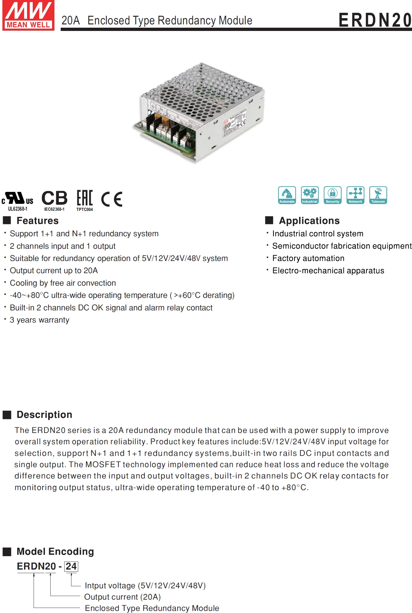 Mean Well ERDN20-24 20A Enclosed Redundancy Module Warranty 3 Years 5V ...