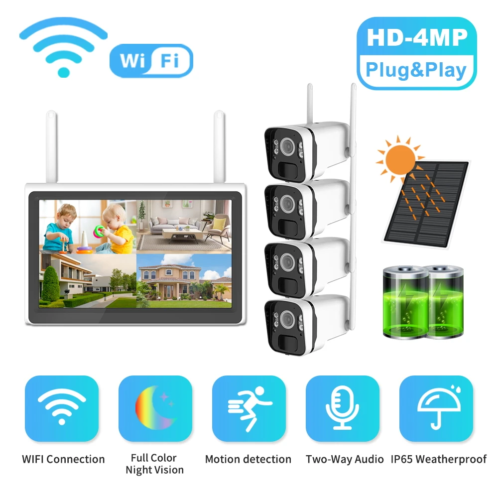 4CH 4MP Solar Power Surveillance Camera System Wifi NVR Kit Cctv Solar ...