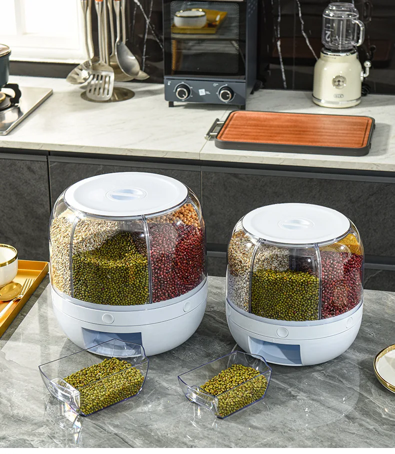 360 Rotating 6 Grid Food Dispenser Rotating Storage Container 10kg Rice ...