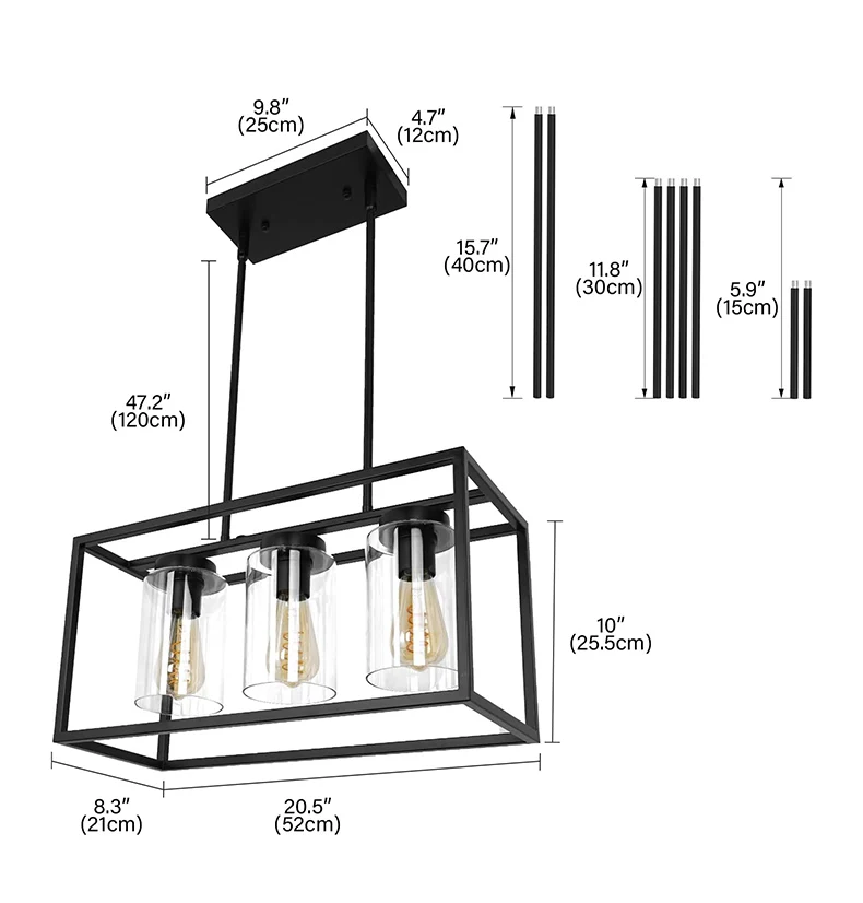 Modern Farmhouse Branch Pendant Light Rectangular Black Glass Lampshade ...