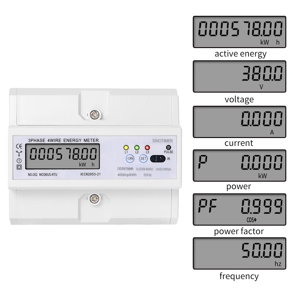 Three-phase Power Meter 220/380V3 Phase 4 Wire DIN Track Energy Meter ...