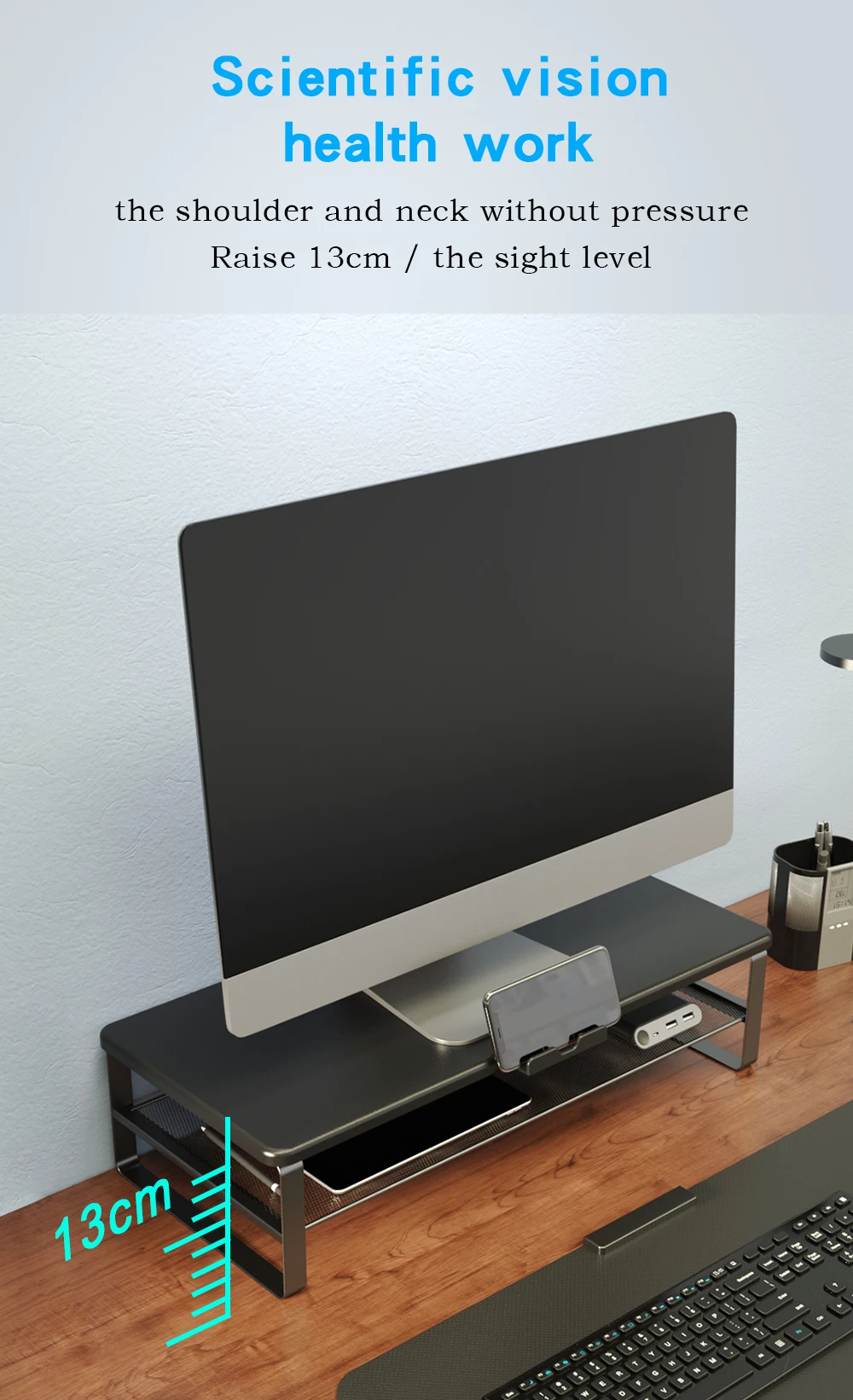 Wooden Portable Sturdy Desk Monitor Stand Double Layer Iron Mesh ...