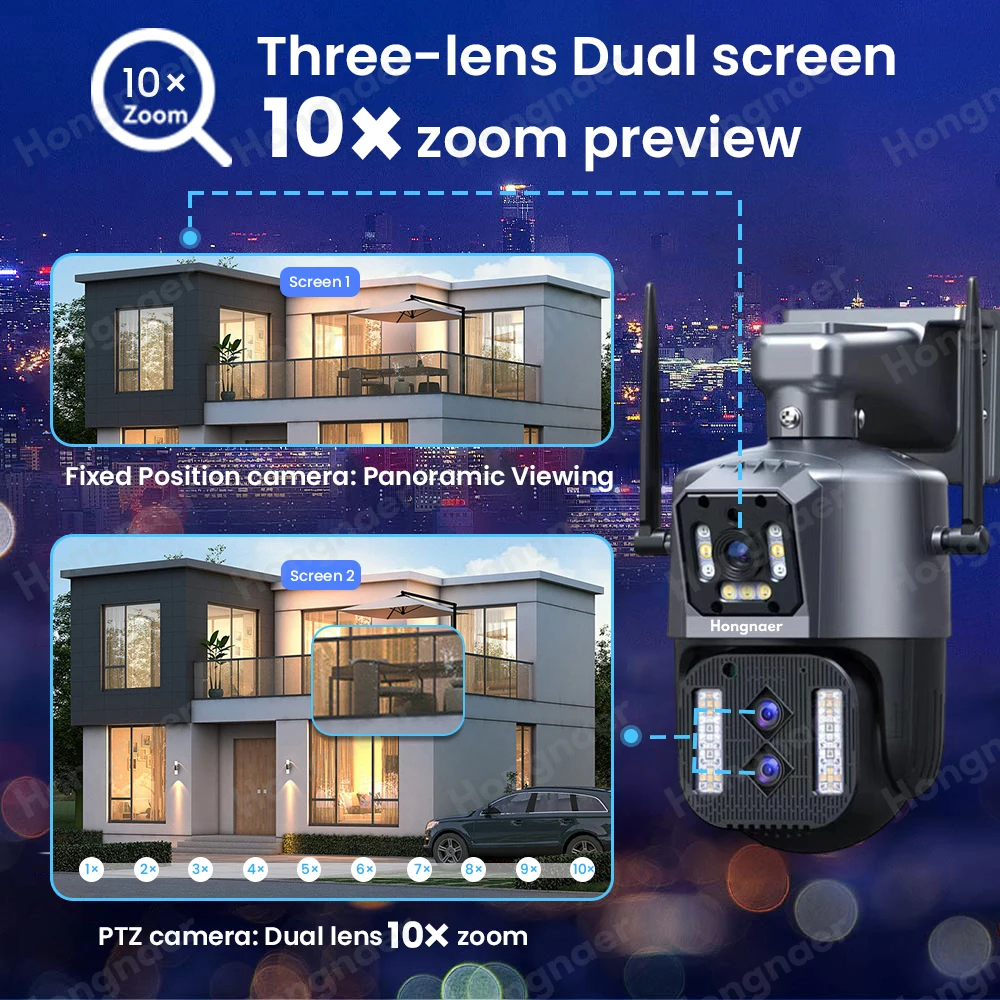 Hongnaer Full Color Night Vision Three Lens 10x Hybrid Zoom 4k Wireless ...