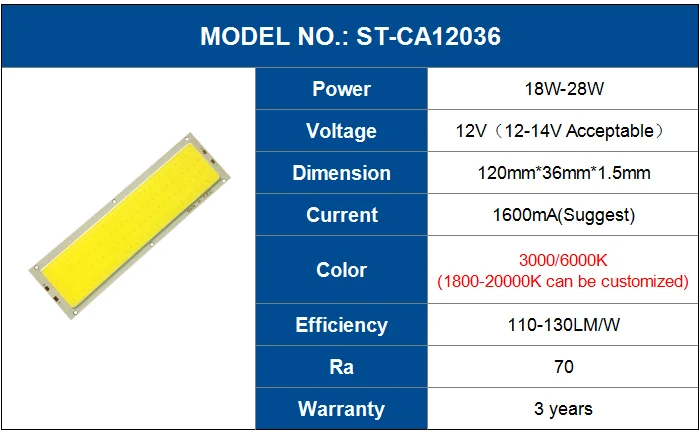 High Efficiency 130lm/w 12v Cob Led Chip Lights 18w 28w 120*36mm Warm ...