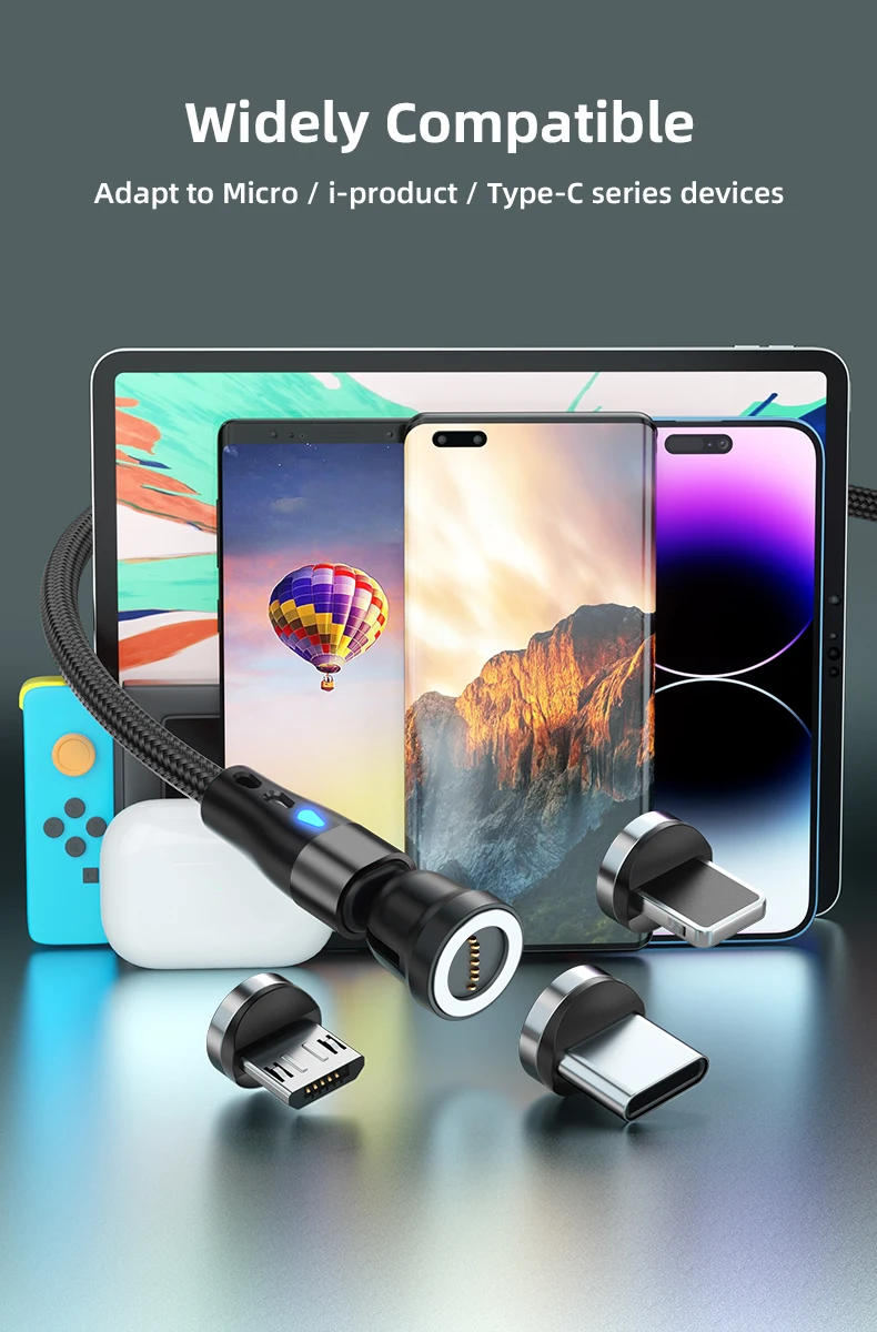 540 Cable Magnetic Usb 3 In 1 Fast Charging Cable L Shape & Straight 3a ...