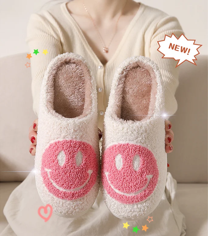 New Happy Smile Smiley Face Slippers Lightning Eyes Bolt Hot Pink ...