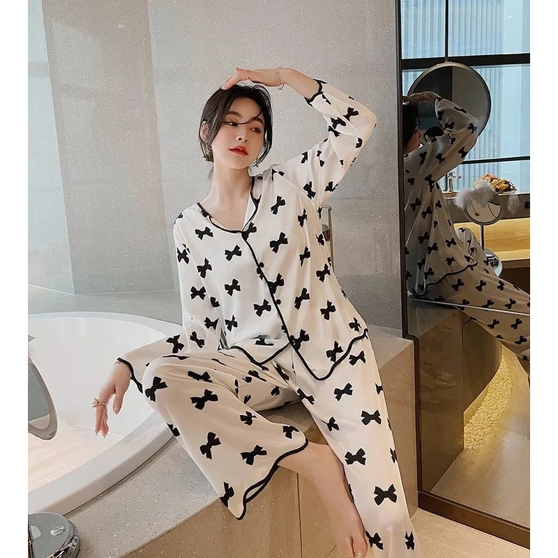 New Age-reducing Fashion Autumn Women Bows Two-piece Set Pajamas Ladies ...