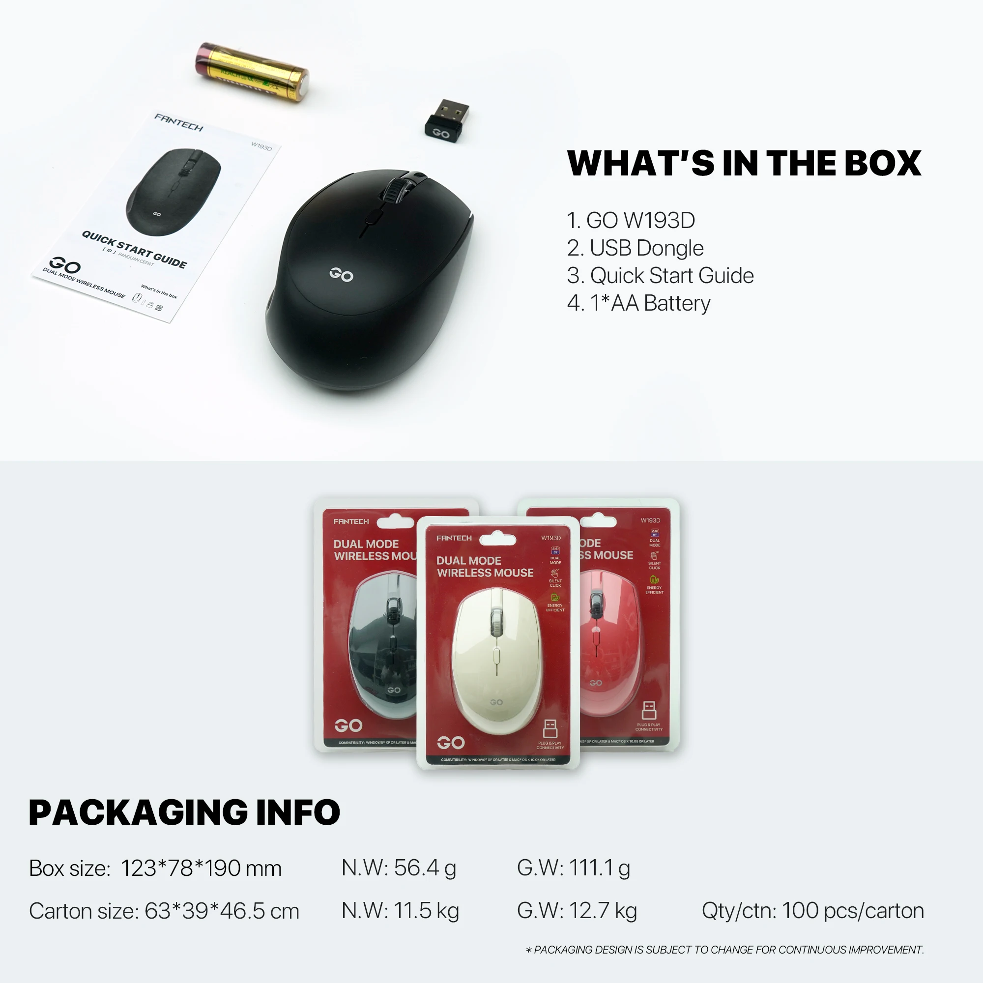 FANTECH W193D Wireless Bluetooth Mouse - Long Battery Life