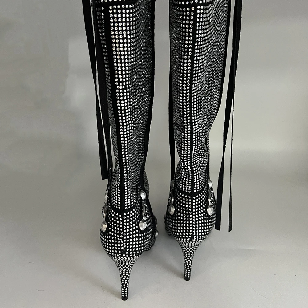 Womens Long High Heel Diamonds Boots Pointed Toe Knee High Fashion ...