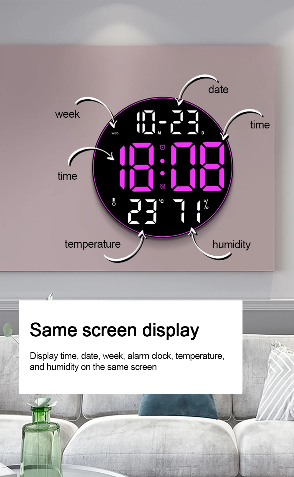 12 Inch Large Digital Wall Clock Remote Control Temperature Humidity ...