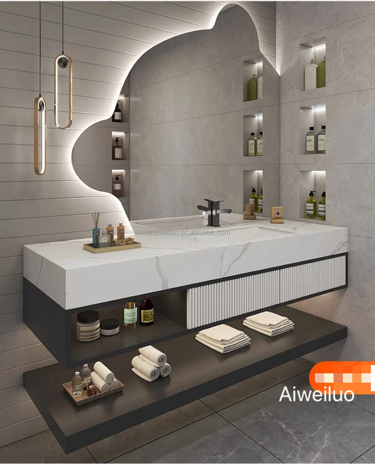 Modern Luxury Rock Slab Basin Plywood Vanity Cabinet