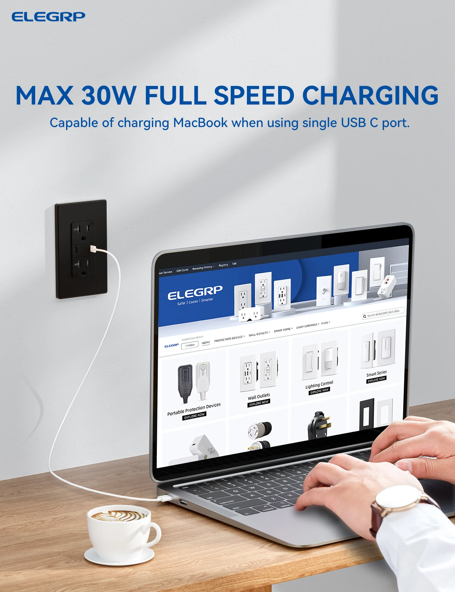 USB C Port Supports 30W Fast Charge USB Wall Outlet Receptacle