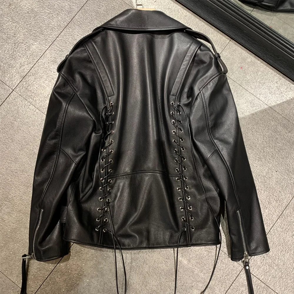String Oversize Leather Jacket Women Genuine Leather Cloth Autumn New ...