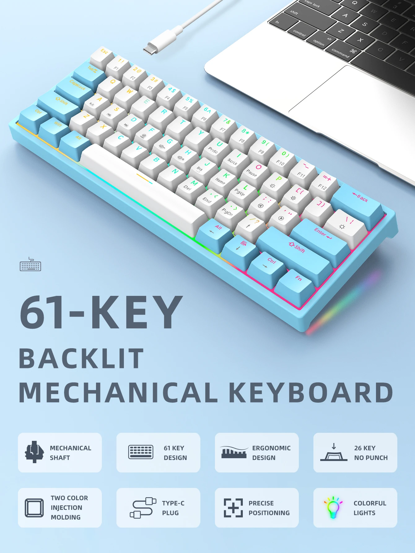 61 Keys Mechanical Keyboard with RGB Backlight - Gaming