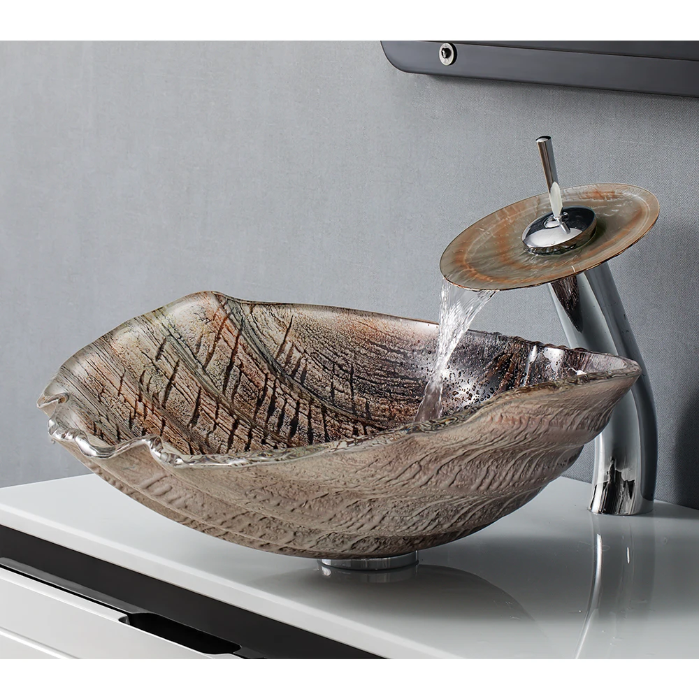 Ocean Series Sea Shell Shape Tempered Glass Wash Hand Basin Brown Above ...