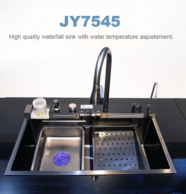 Modern Black Flying Rain Waterfall Smart Kitchen Sink Luxury Organizer ...