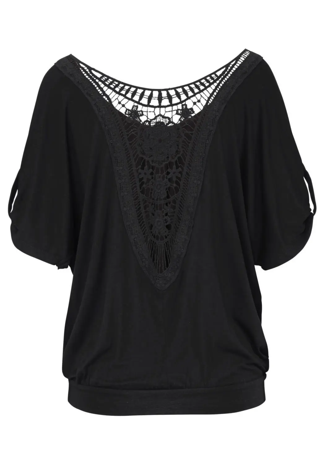 Women's Clothing Summer Back Panel Patchwork Tattered Lace Round Neck ...