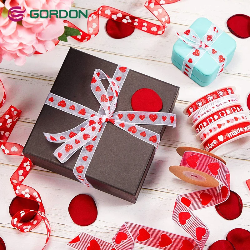 Gordon Ribbons Valentines Day Red Organza Sheer Ribbon Printed Heart ...