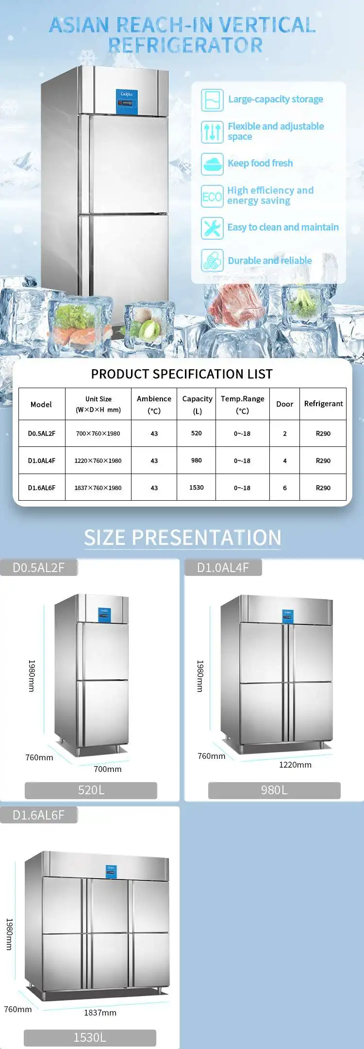 Kitchen Summer Ice Fridge Refrigeration Equipment Aisan Style Upright ...