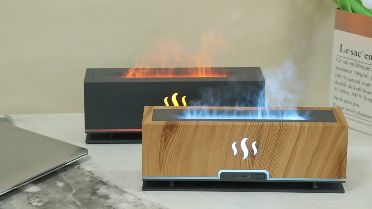 Wood Grain Flame Effect Air Humidifier Led Light 200ml Ultrasonic Aroma ...