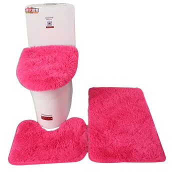 Plain Faux Fur Silk Wool Fluffy Mats Rug Bathroom Carpets Set 3 Pieces ...
