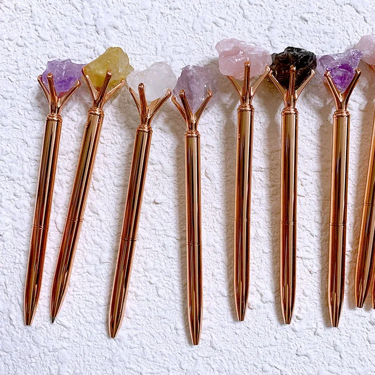 Wholesale High Quality Natural Raw Crystal Pens - Amethyst & Rose Gold