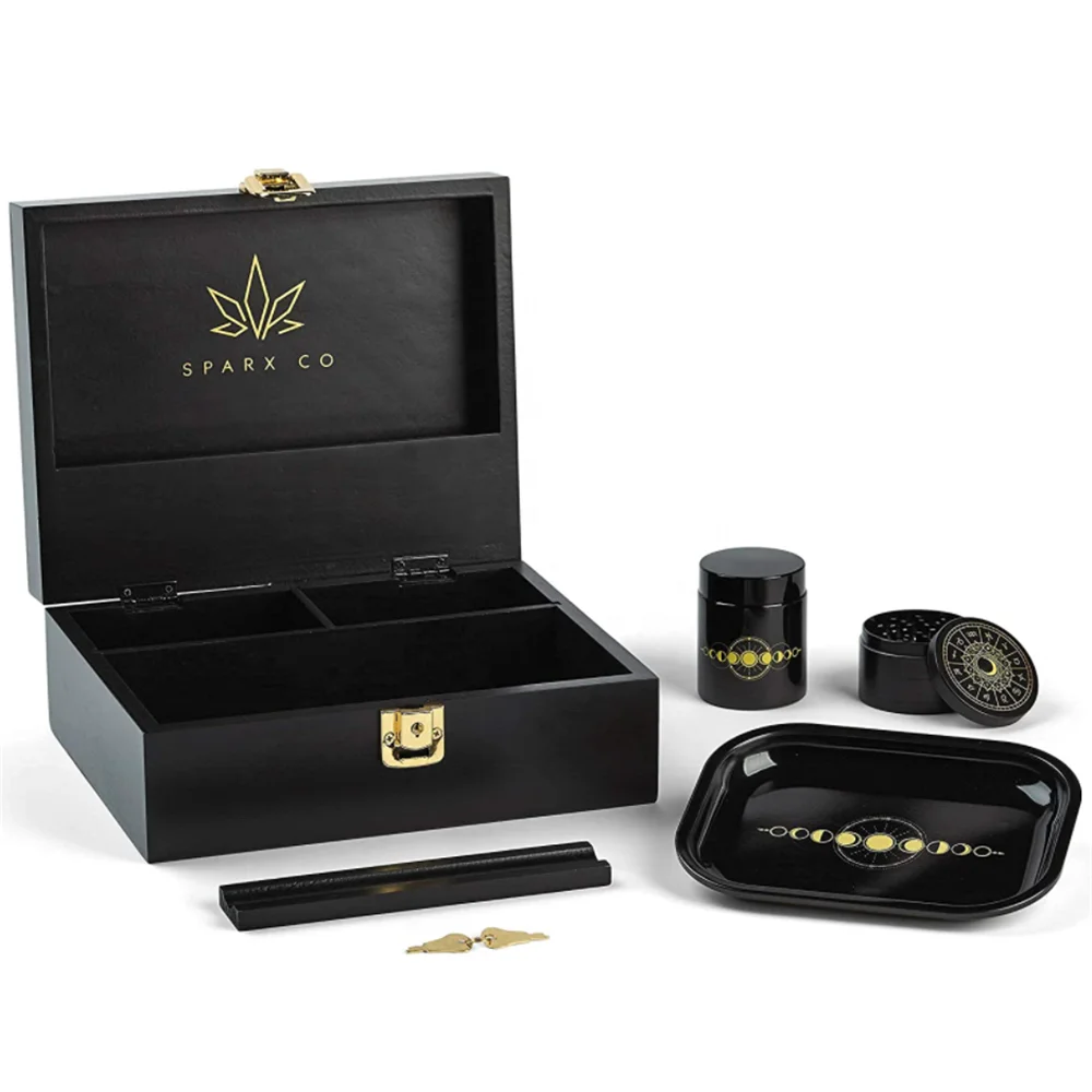 Wooden Stash Box Raw Grinder Rolling Tray Set 10x8 Large Stash Box With ...