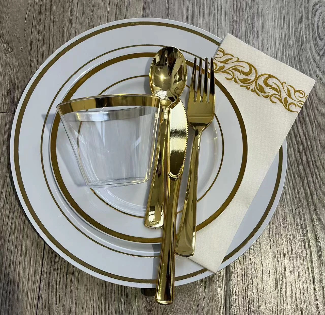 175 Piece Gold Dinnerware Plastic Set 25 Guest-50 Gold Rim Plates-75 ...