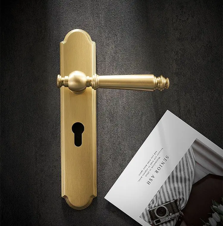 Home Bedroom Siamese Split Brushed Solid Brass Door Handle With Lock ...