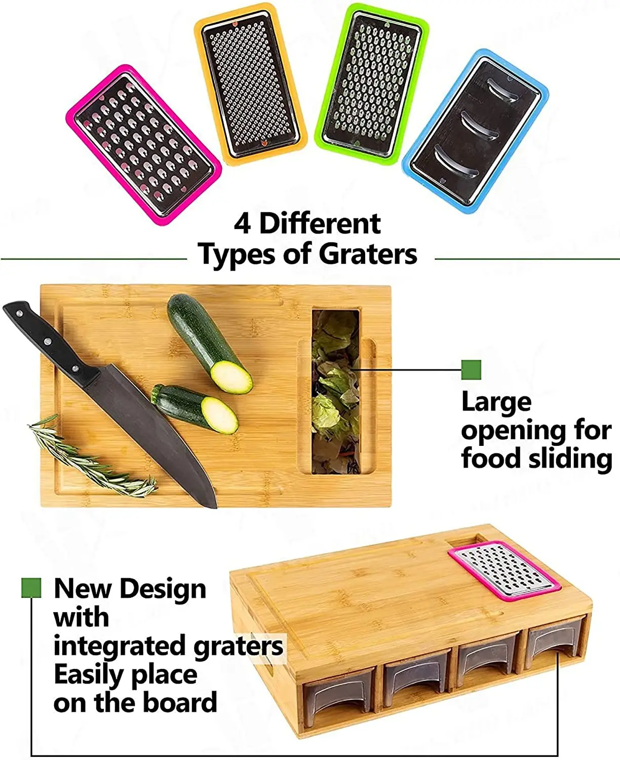 2 in 1 Large Bamboo Wood Cutting Board Comes with 4 PET Organization ...