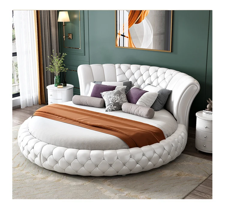 Large Round Bed in White Leather - European-style Modern Minimalist ...