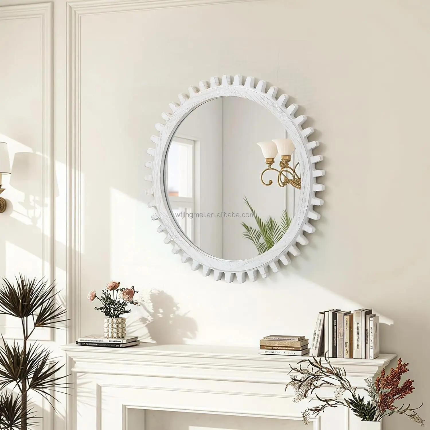 Round Wood Mirror, 24 Inch Rustic Farmhouse Circle Mirror with Wooden ...