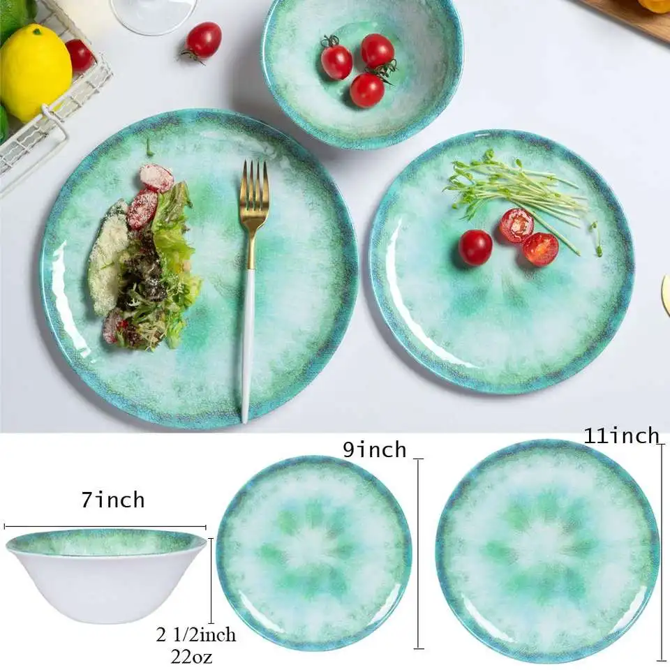 12 Piece Peacock Green Melamine Dinner Plates - Safe & Stylish